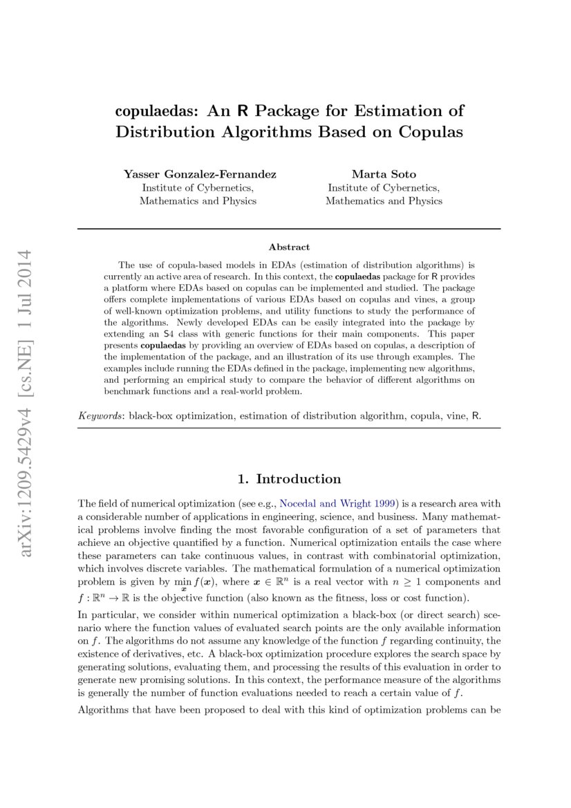 Copulaedas An R Package For Estimation Of Distribution Algorithms Based On Copulas Deepai