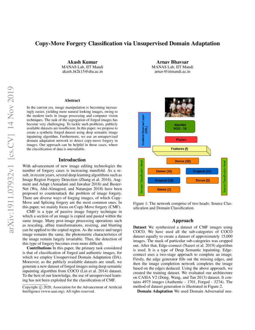 Copy-Move Forgery Classification via Unsupervised Domain Adaptation | DeepAI