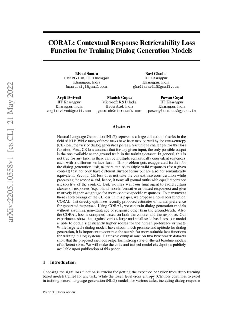 CORAL: Contextual Response Retrievability Loss Function for Training Dialog Generation Models ...
