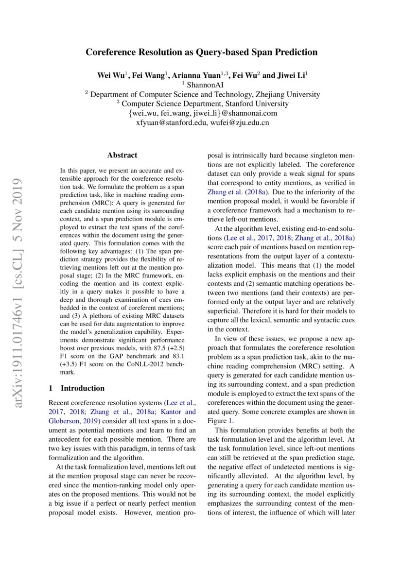 Coreference Resolution as Query-based Span Prediction | DeepAI
