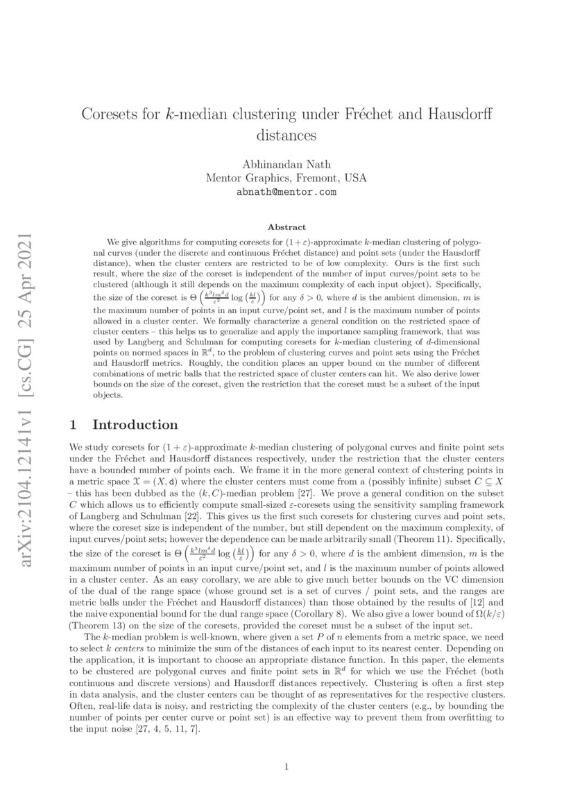 Coresets For K Median Clustering Under Fréchet And Hausdorff Distances Deepai 