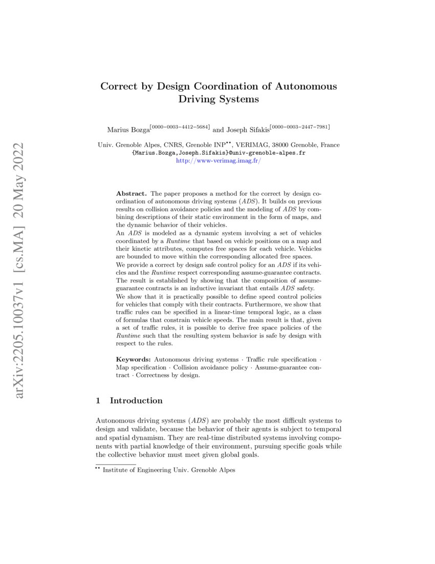 Correct By Design Coordination Of Autonomous Driving Systems Deepai