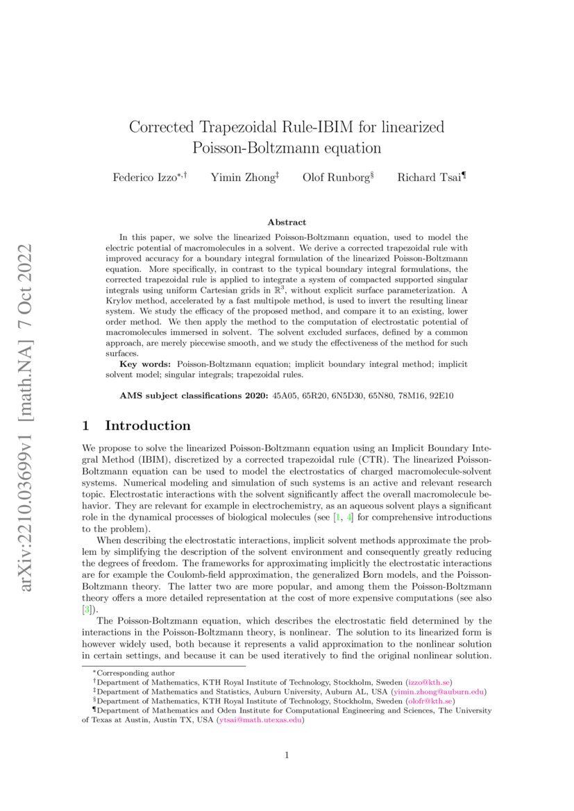 Corrected Trapezoidal Rule-IBIM for linearized Poisson-Boltzmann equation | DeepAI