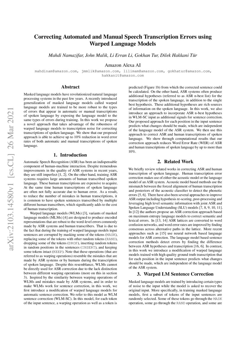 Correcting Automated And Manual Speech Transcription Errors Using Warped Language Models Deepai