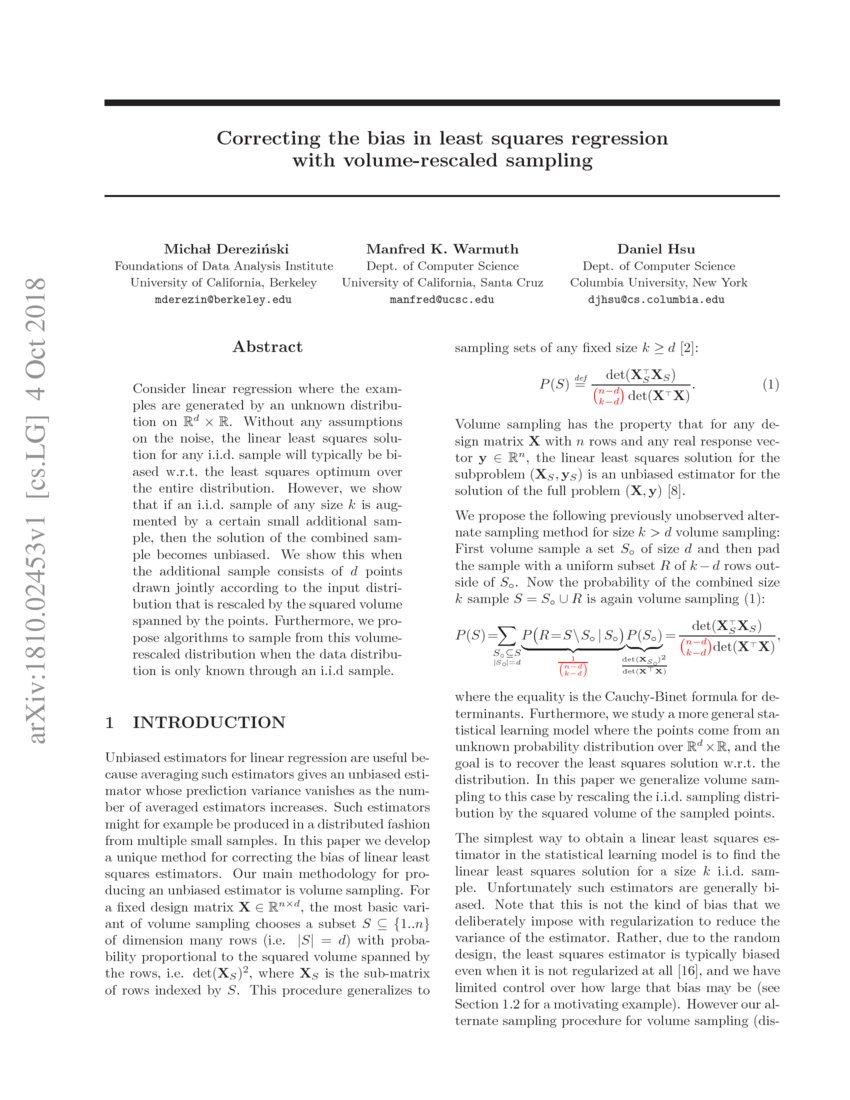 Correcting the bias in least squares regression with volume-rescaled sampling | DeepAI