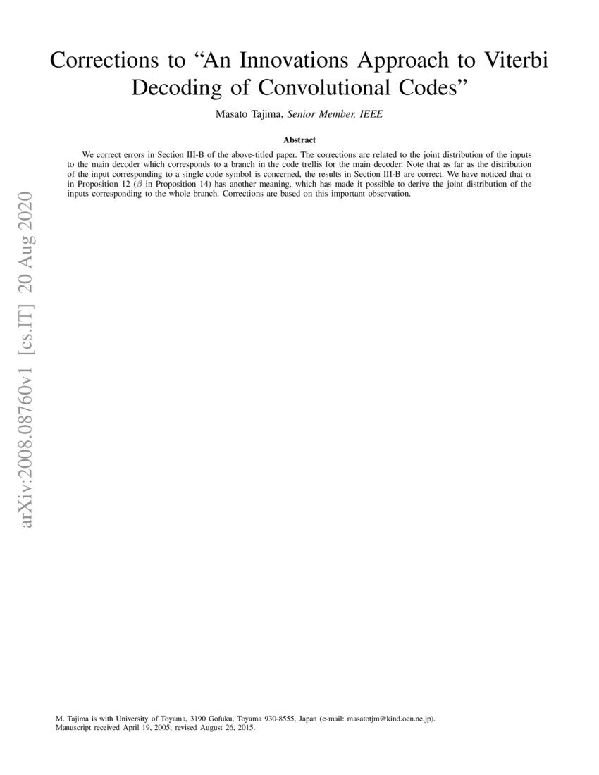 Corrections To An Innovations Approach To Viterbi Decoding Of Convolutional Codes Deepai 7845