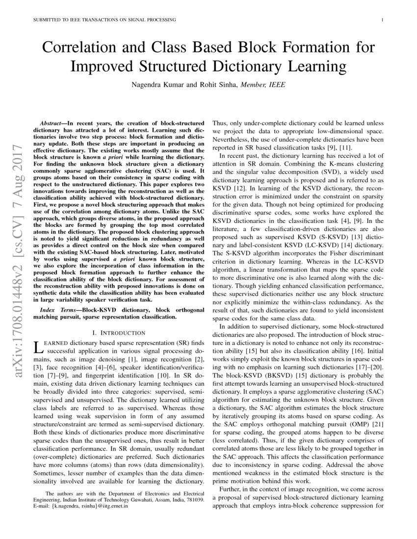 Correlation and Class Based Block Formation for Improved Structured Dictionary Learning | DeepAI
