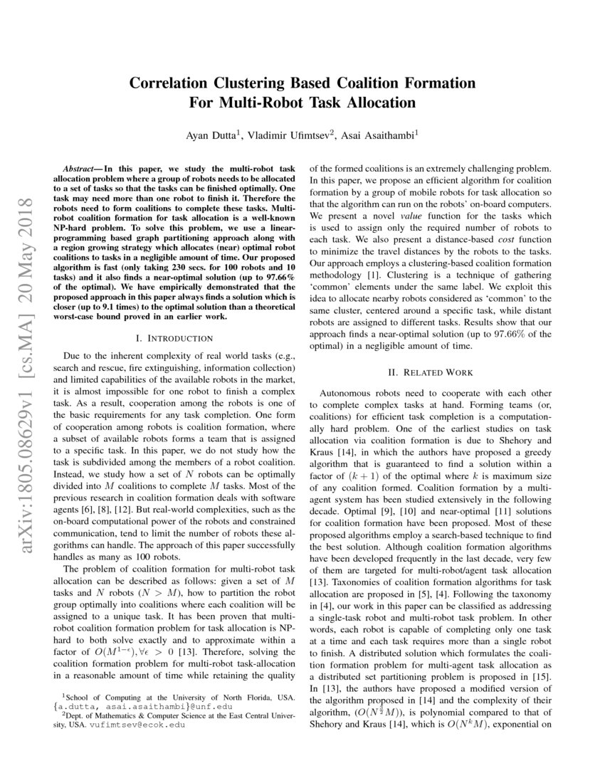 Correlation Clustering Based Coalition Formation For Multi Robot Task Allocation Deepai