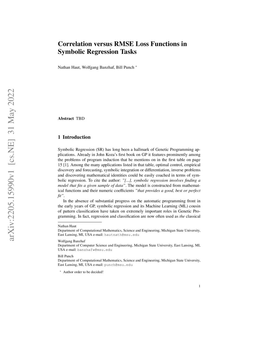 Correlation versus RMSE Loss Functions in Symbolic Regression Tasks ...