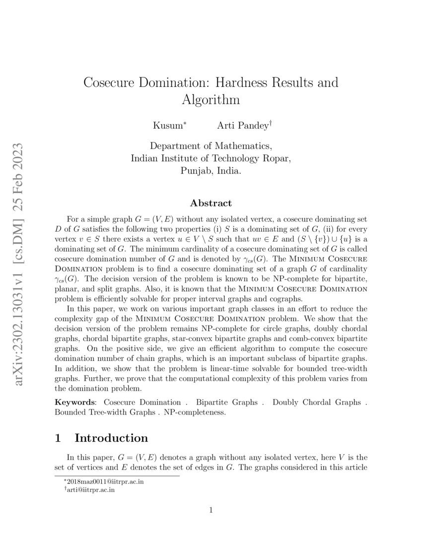 Cosecure Domination Hardness Results And Algorithm Deepai