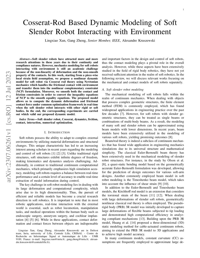 Cosserat-Rod Based Dynamic Modeling of Soft Slender Robot Interacting with Environment | DeepAI