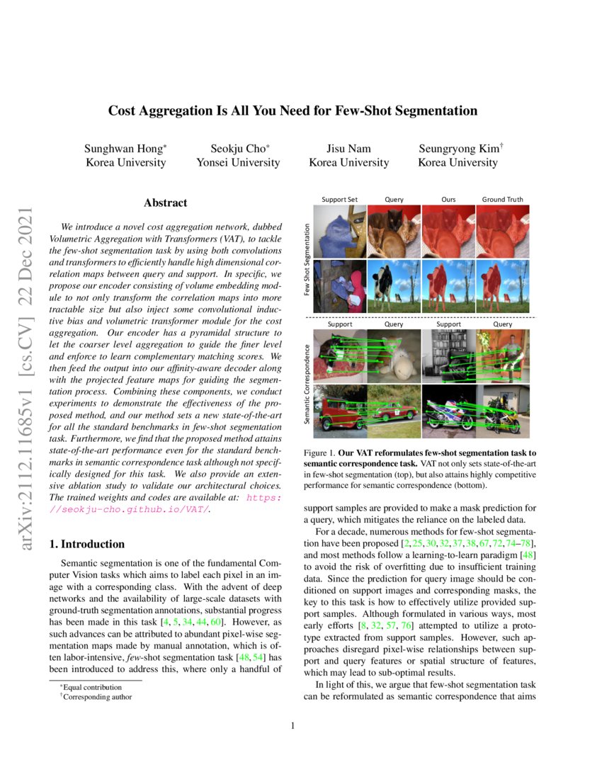 Cost Aggregation Is All You Need for Few-Shot Segmentation | DeepAI