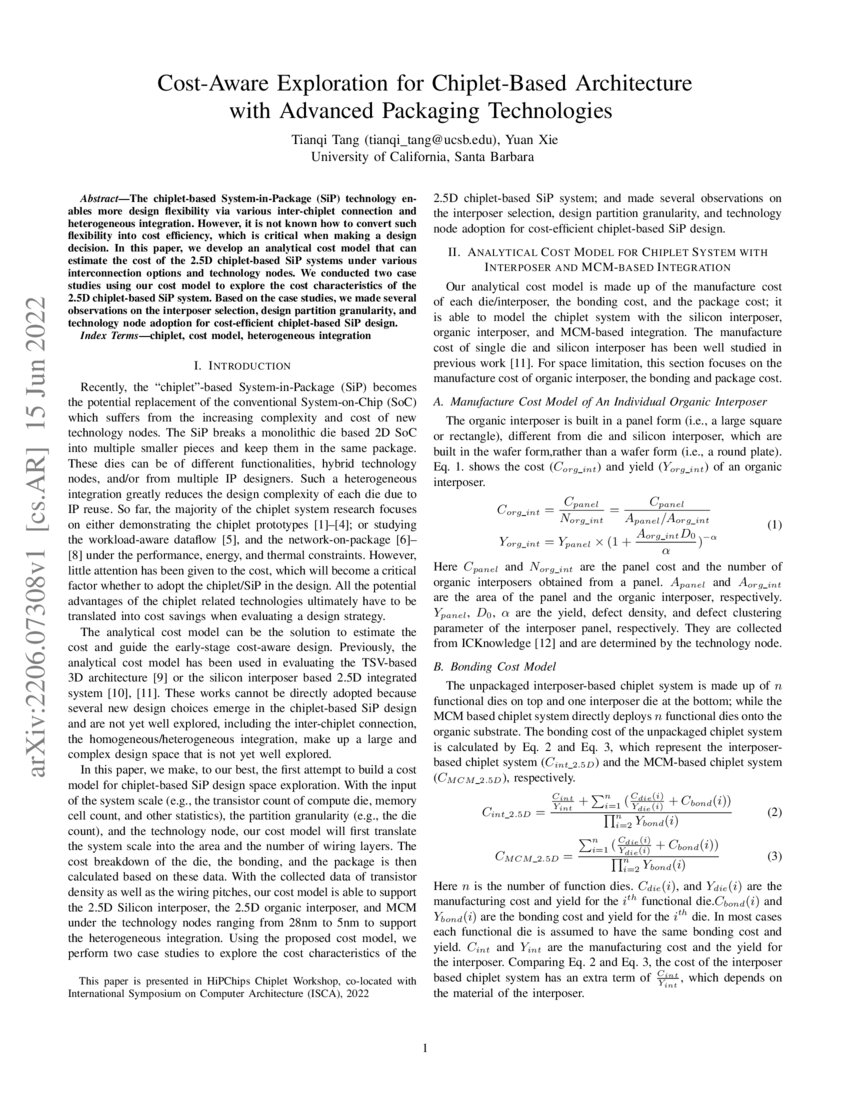 Cost-Aware Exploration for Chiplet-Based Architecture with Advanced Packaging Technologies | DeepAI