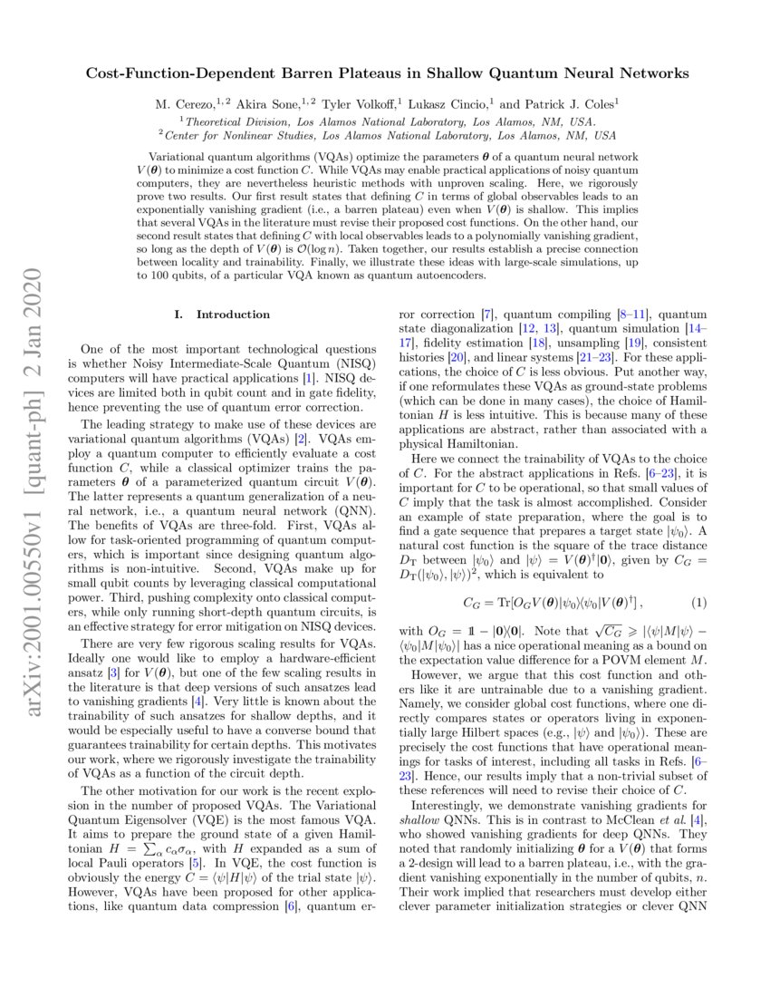 Cost-Function-Dependent Barren Plateaus in Shallow Quantum Neural Networks | DeepAI