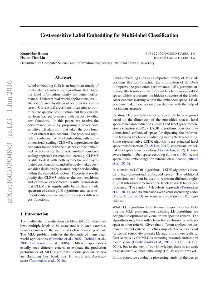 Cost-Sensitive Label Embedding for Multi-Label Classification | DeepAI