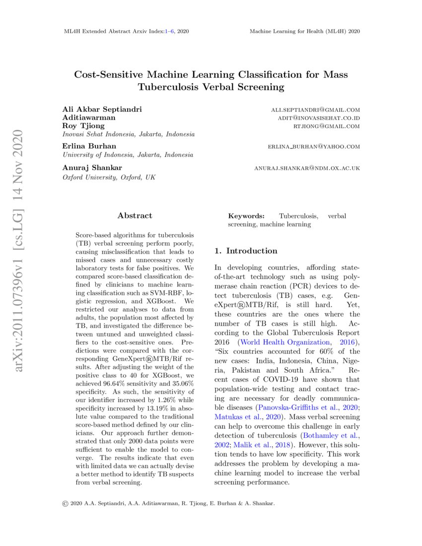 Cost-Sensitive Machine Learning Classification for Mass Tuberculosis ...