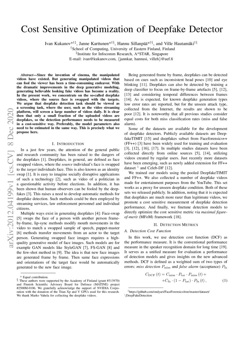 Cost Sensitive Optimization of Deepfake Detector | DeepAI