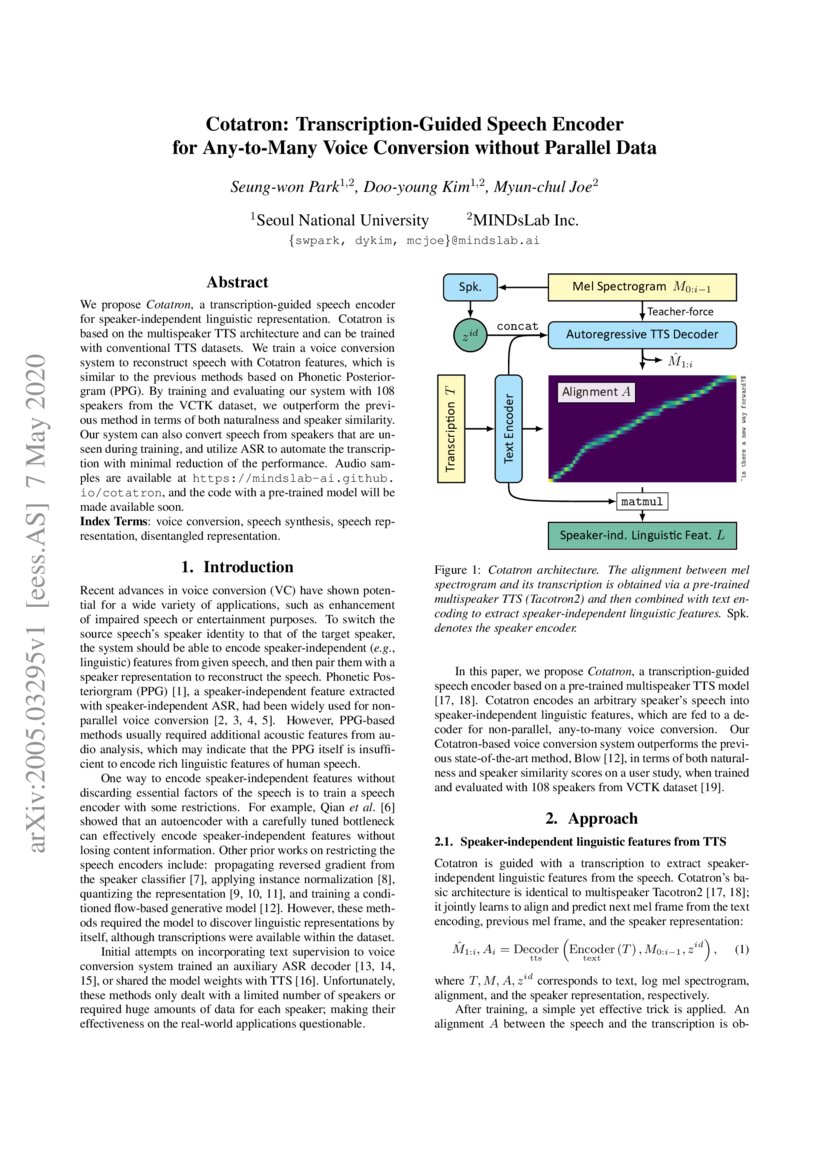 Cotatron: Transcription-Guided Speech Encoder for Any-to-Many Voice ...