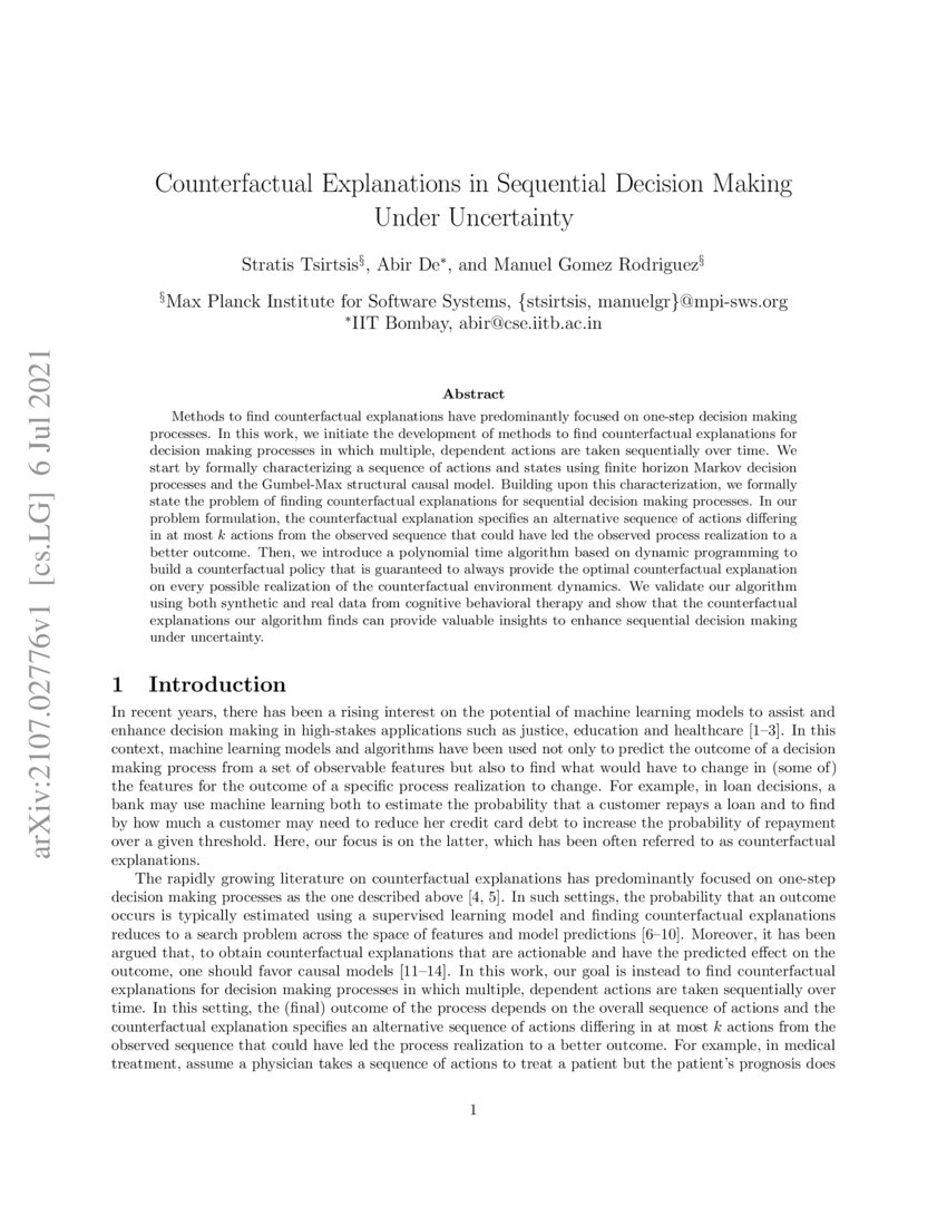 Counterfactual Explanations in Sequential Decision Making Under ...