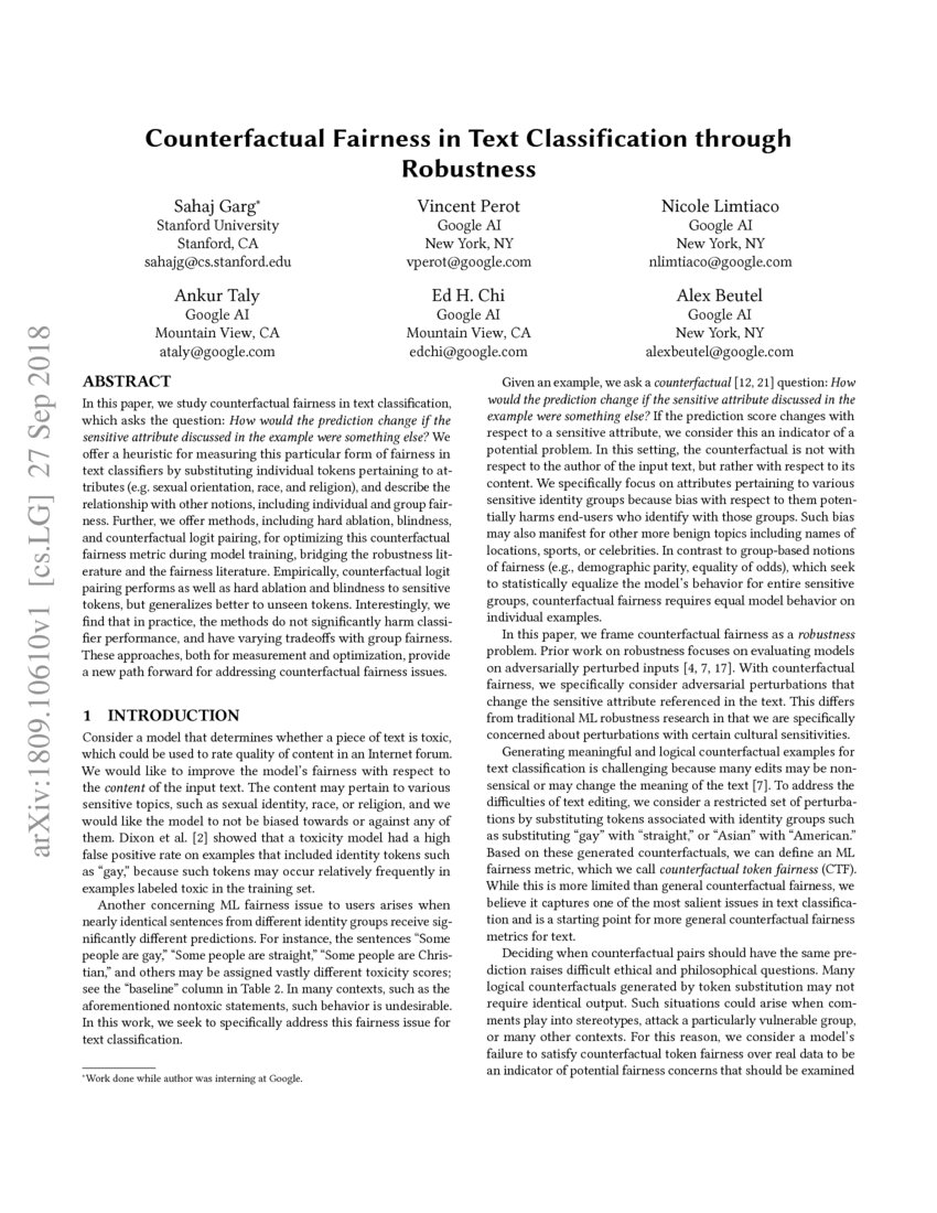 Counterfactual Fairness in Text Classification through Robustness | DeepAI Counterfactual Fairness in Text Classification through Robustness | DeepAI