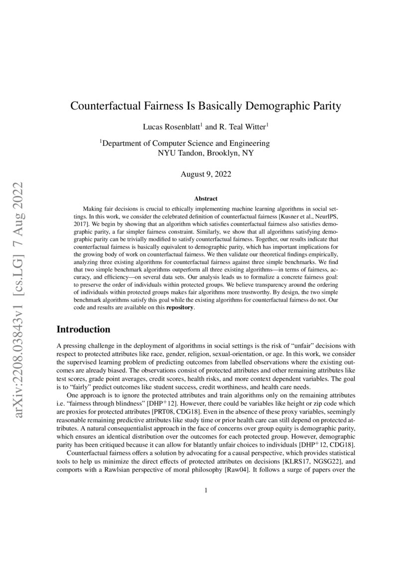 Counterfactual Fairness Is Basically Demographic Parity | DeepAI