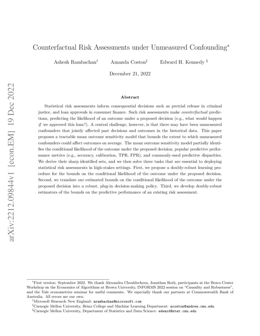 Counterfactual Risk Assessments under Unmeasured Confounding | DeepAI Counterfactual Risk Assessments under Unmeasured Confounding | DeepAI