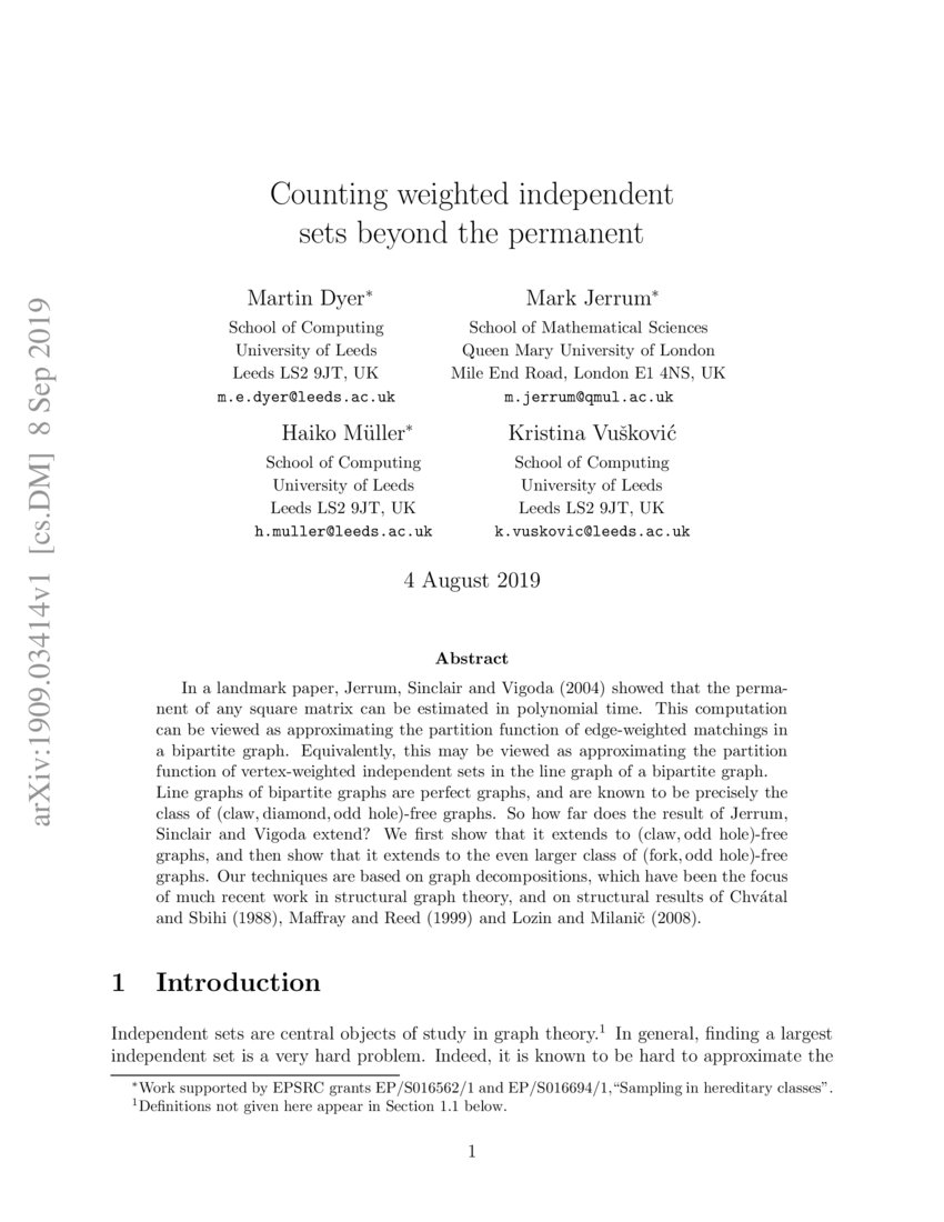 Counting Weighted Independent Sets Beyond The Permanent Deepai 