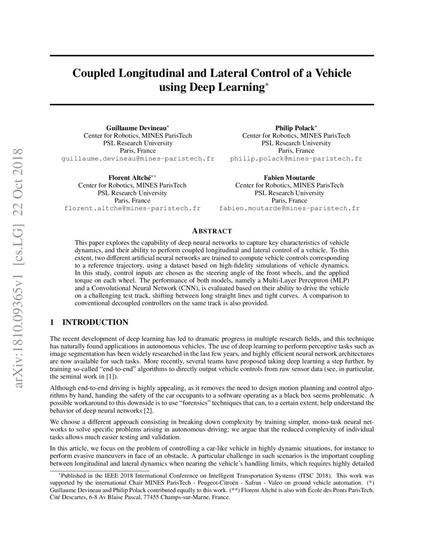 Coupled Longitudinal And Lateral Control Of A Vehicle Using Deep Learning Deepai