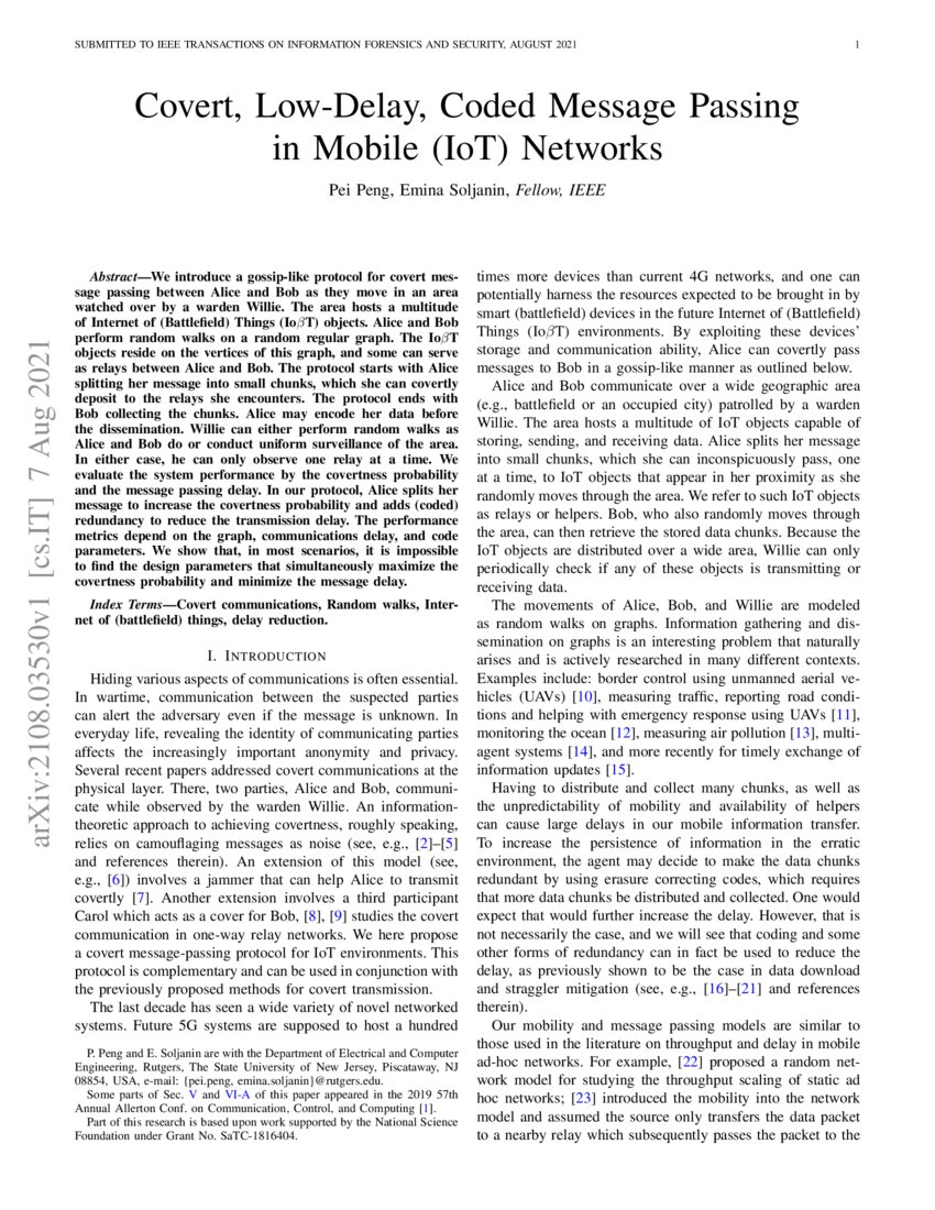 Covert, Low-Delay, Coded Message Passing in Mobile (IoT) Networks | DeepAI