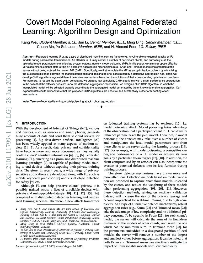 Covert Model Poisoning Against Federated Learning: Algorithm Design and Optimization | DeepAI
