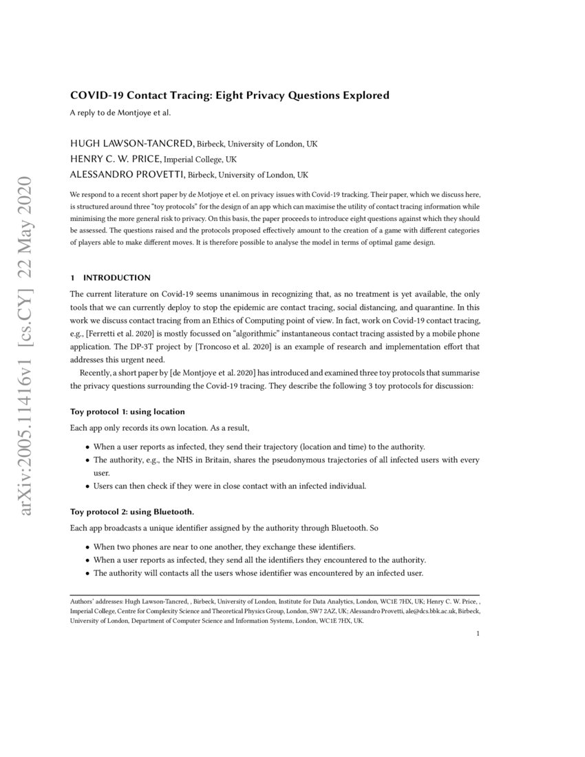 COVID-19 Contact Tracing: Eight Privacy Questions Explored | DeepAI