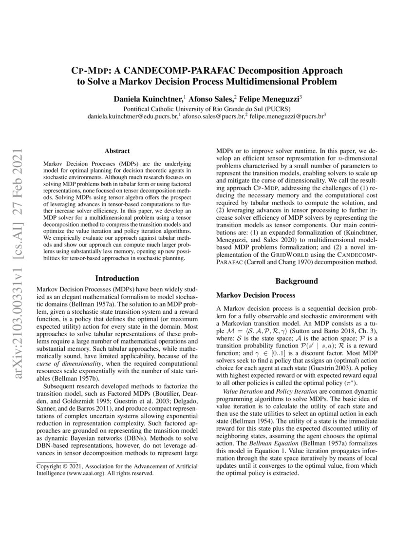 CP-MDP: A CANDECOMP-PARAFAC Decomposition Approach to Solve a Markov ...