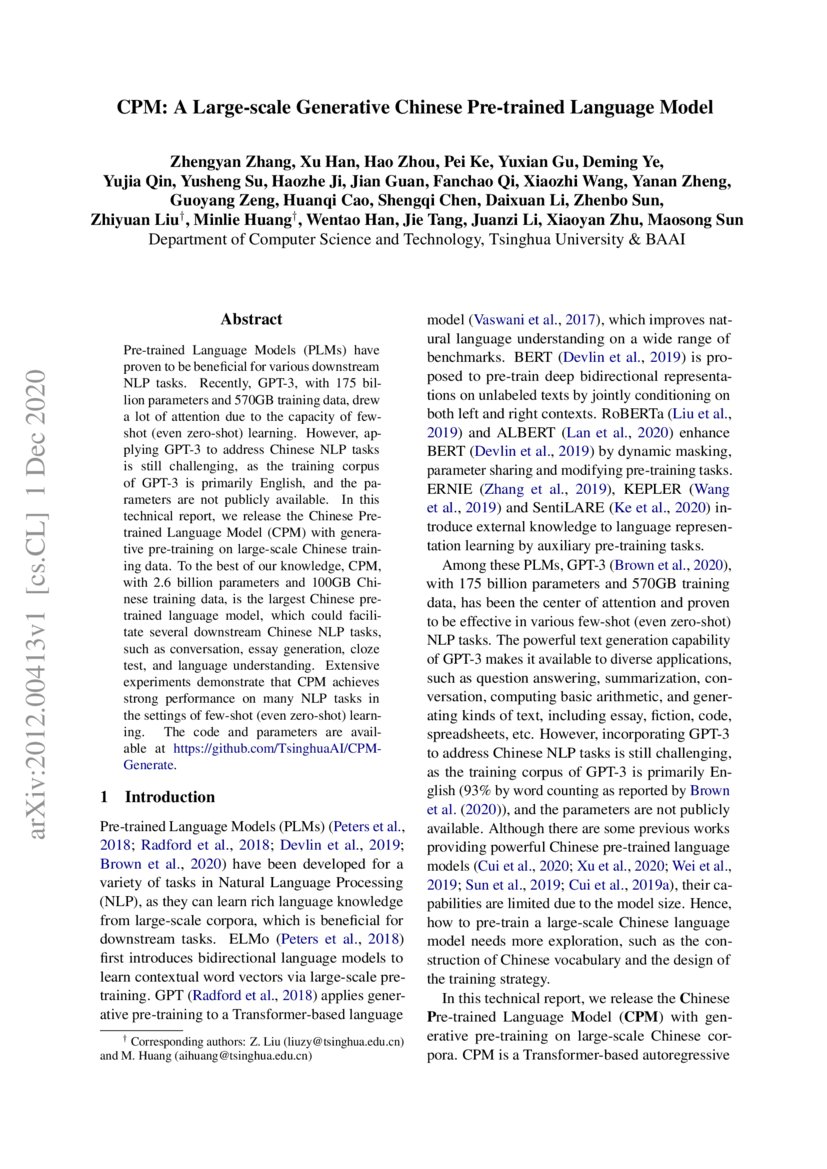 CPM: A Large-scale Generative Chinese Pre-trained Language Model | DeepAI