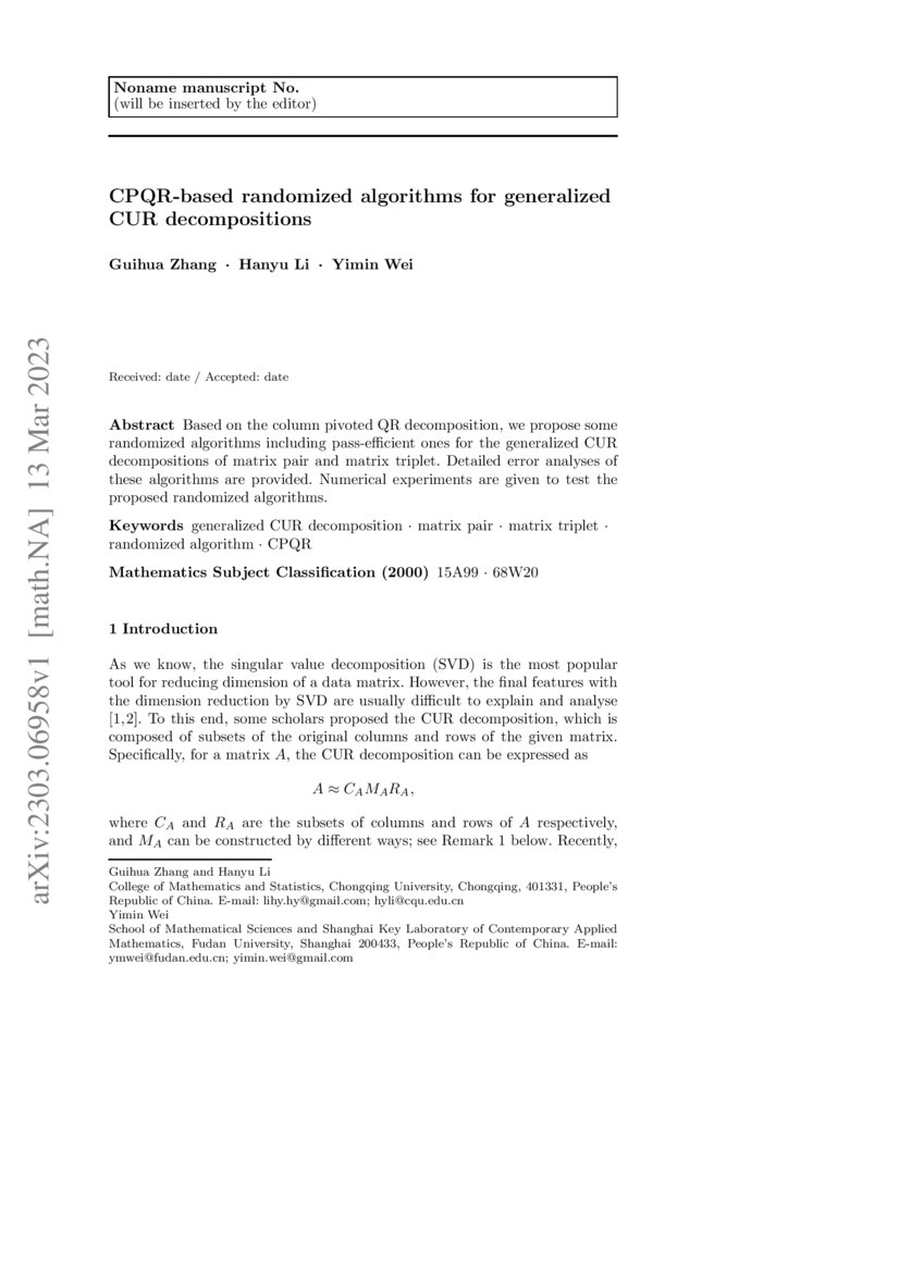 Cpqr Based Randomized Algorithms For Generalized Cur Decompositions Deepai
