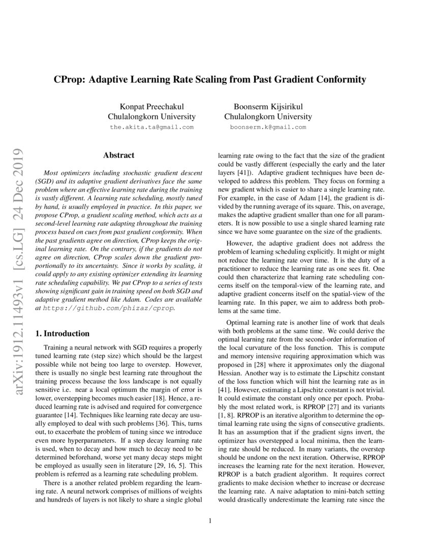 CProp: Adaptive Learning Rate Scaling from Past Gradient Conformity | DeepAI