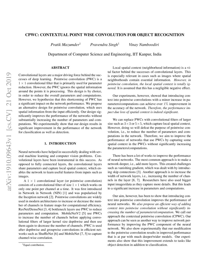 CPWC: Contextual Point Wise Convolution for Object Recognition | DeepAI