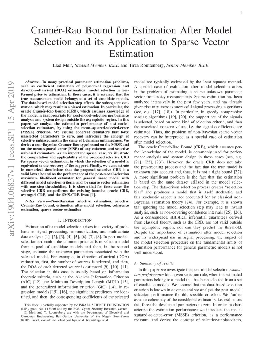 Cramer Rao Bound For Estimation After Model Selection And Its Application To Sparse Vector