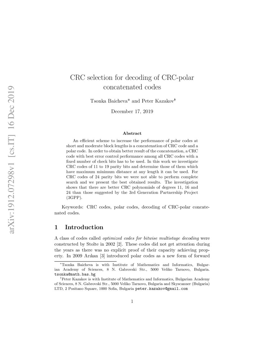 CRC selection for decoding of CRC-polar concatenated codes | DeepAI