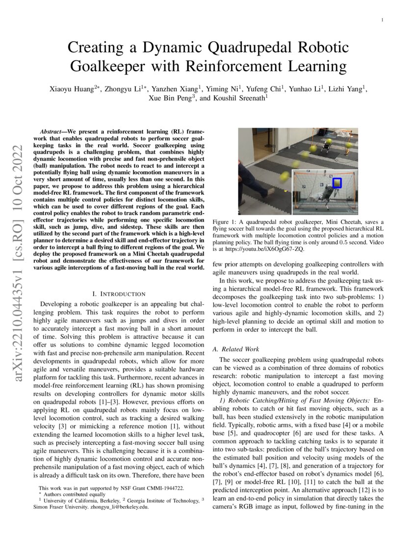 Creating a Dynamic Quadrupedal Robotic Goalkeeper with Reinforcement Learning | DeepAI