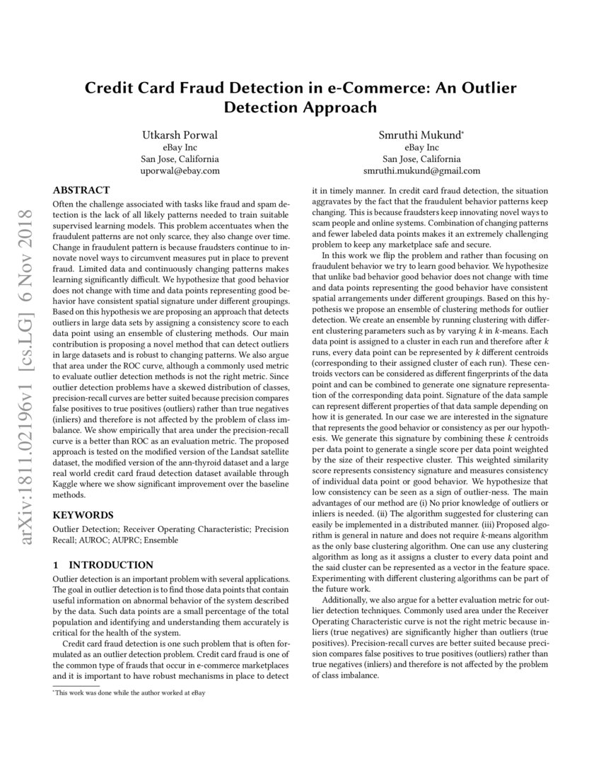 Credit Card Fraud Detection In E Commerce An Outlier Detection Approach Deepai