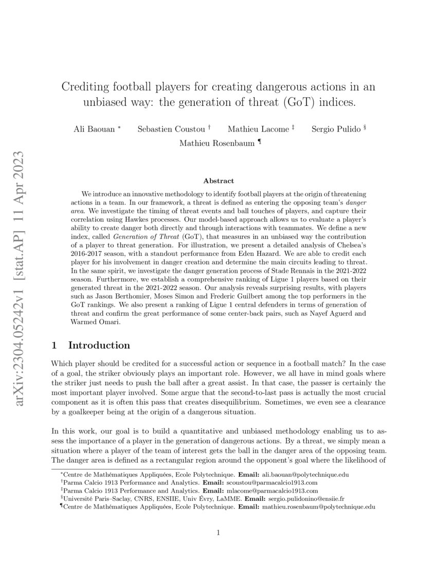 Crediting football players for creating dangerous actions in an unbiased way: the generation of ...