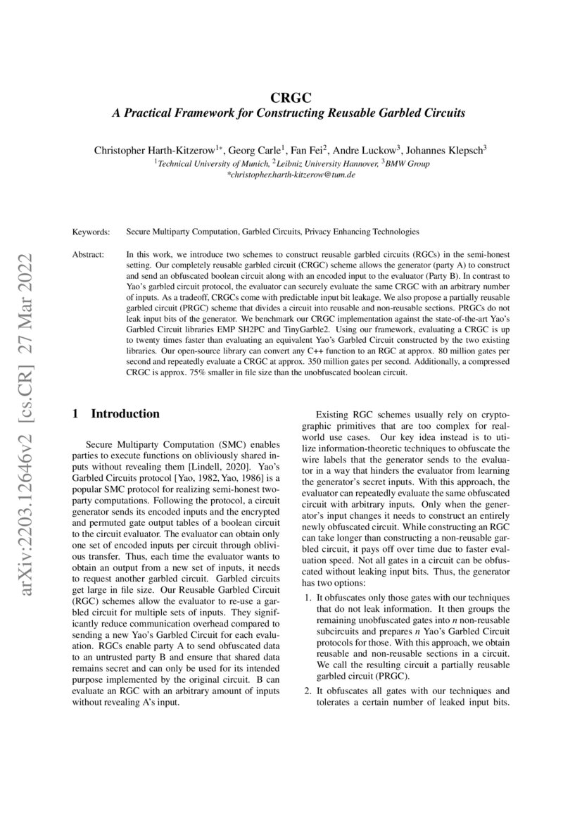 Crgc A Practical Framework For Constructing Reusable Garbled Circuits Deepai