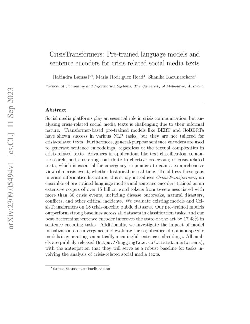 Crisistransformers Pre Trained Language Models And Sentence Encoders For Crisis Related Social 