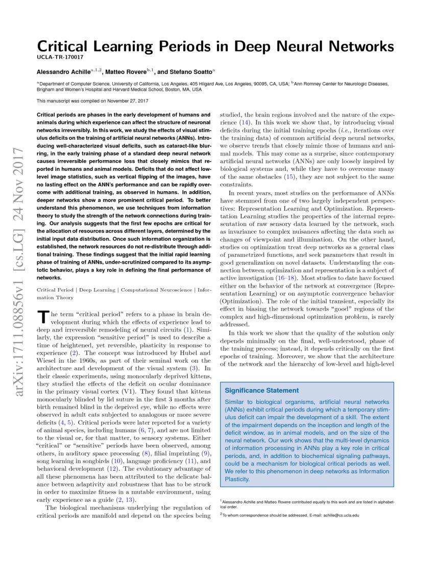Critical Learning Periods in Deep Neural Networks | DeepAI