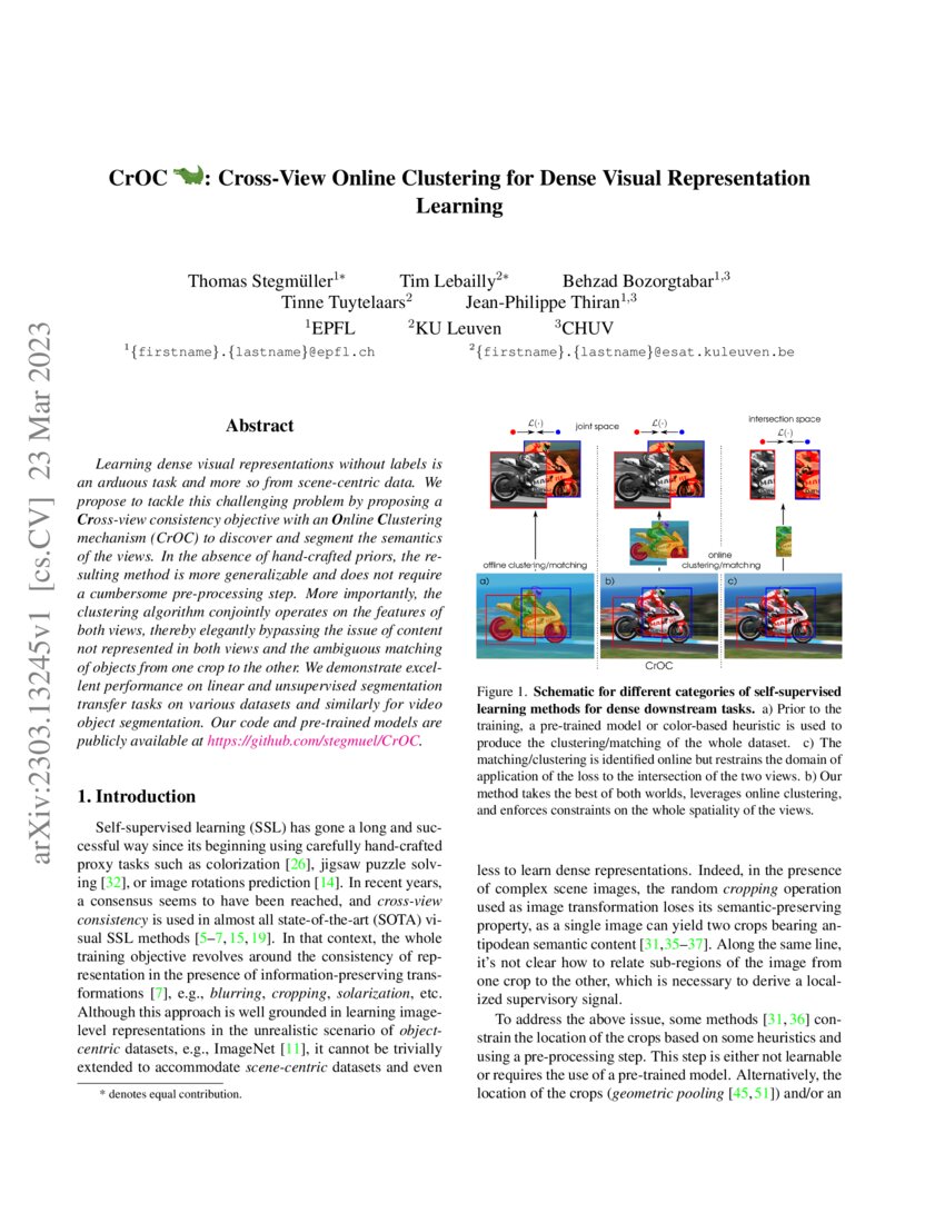 CrOC: Cross-View Online Clustering for Dense Visual Representation Learning | DeepAI
