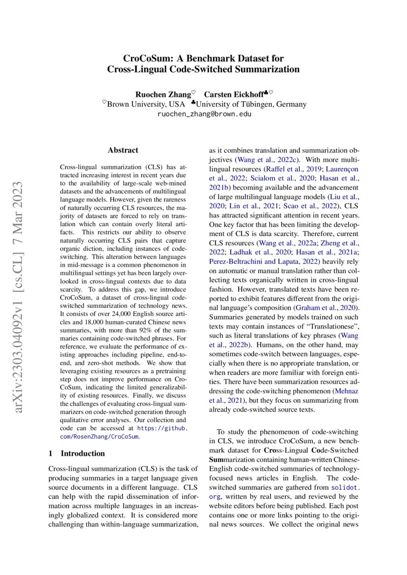 Crocosum A Benchmark Dataset For Cross Lingual Code Switched Summarization Deepai