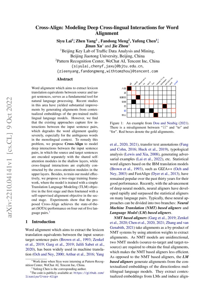 Cross-Align: Modeling Deep Cross-lingual Interactions for Word Alignment | DeepAI
