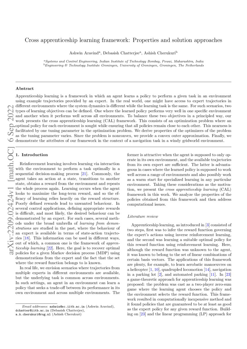 Cross apprenticeship learning framework: Properties and solution approaches | DeepAI