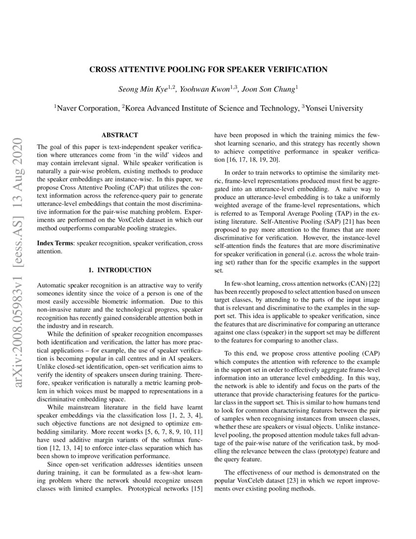 Cross attentive pooling for speaker verification | DeepAI