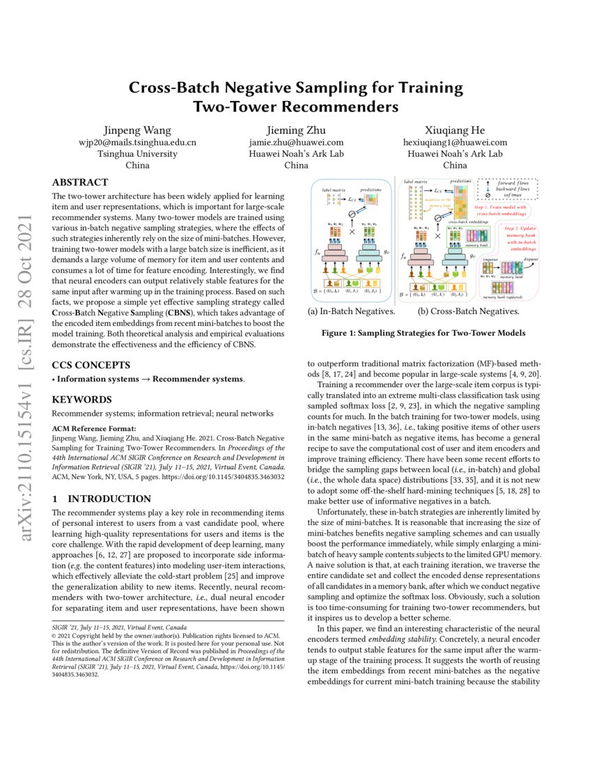 Cross-Batch Negative Sampling for Training Two-Tower Recommenders | DeepAI
